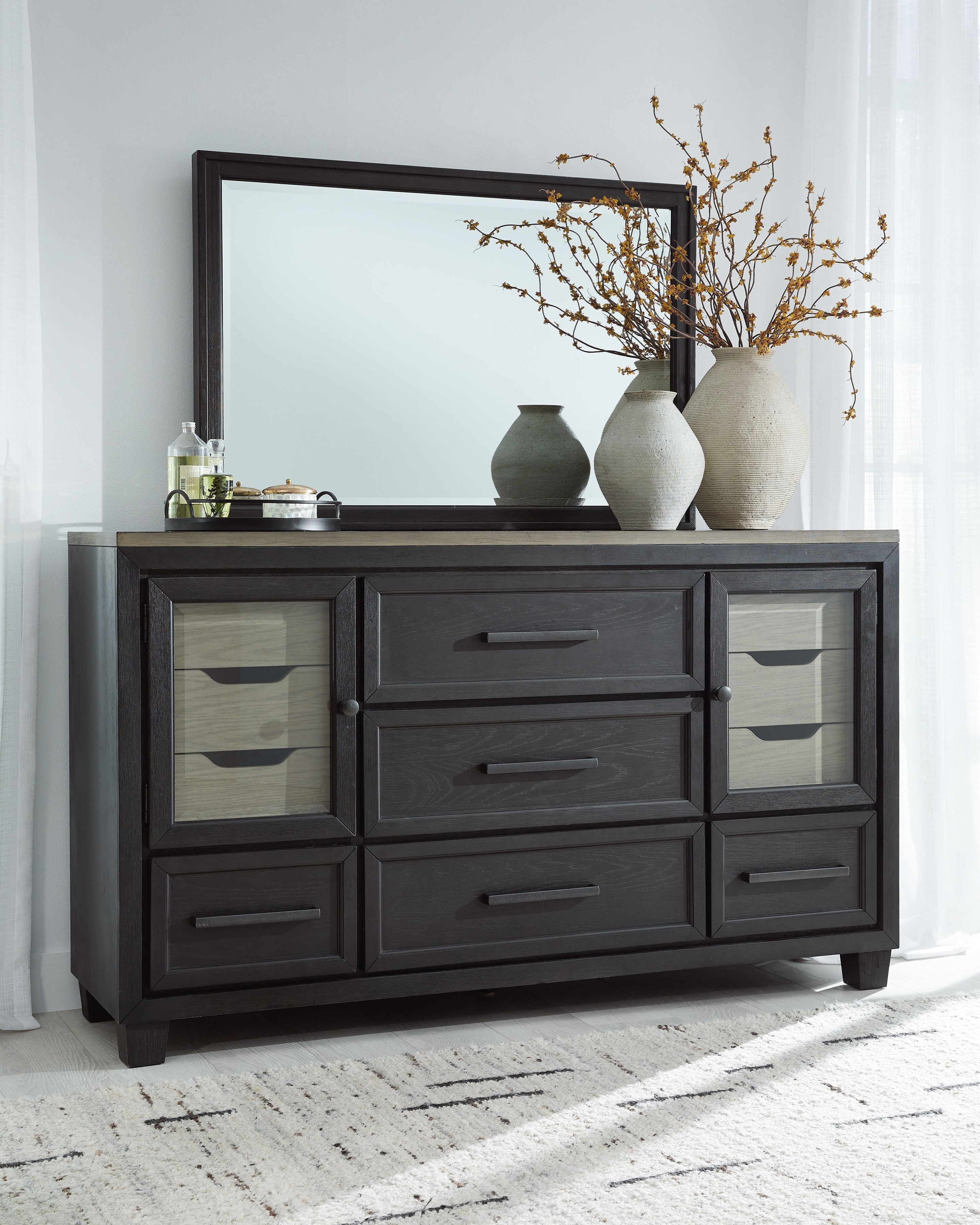 Foyland Black Brown 8 Pc. Dresser Mirror Door Chest King Panel St